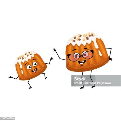 귀여운 유약 머핀 과 너트 는 즐거운 감정 행복한 얼굴 미소 눈 팔과 다리와 문자를 뿌려 부활절 케이크에 대한 스톡 벡터 아트 및 기타 이미지 Istock