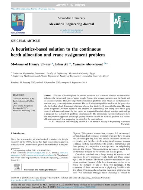 Pdf A Heuristics Based Solution To The Continuous Berth Allocation And Crane Assignment Problem