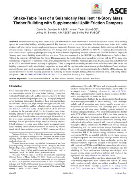 Dowden Et Al 2024 Shake Table Test Of A Seismically Resilient 10 Story Mass Timber Building With