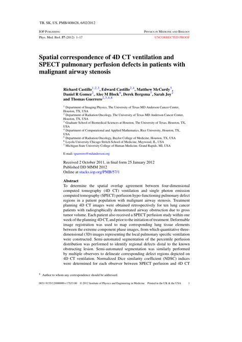 Pdf Spatial Correspondence Of 4d Ct Ventilation And Spect Pulmonary Perfusion Defects In