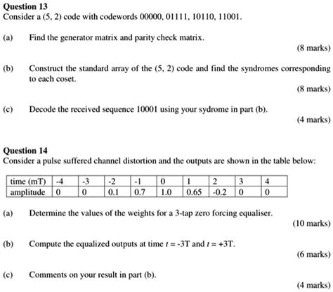 question 13 consider a 5 2 code with codewords 00000 01111 10110