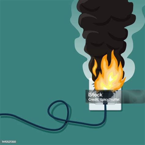 불타는 불이 있는 전기 소켓 합선 와이어 플러그 서지 충격 전원 케이블 사고 전기 콘센트 위험과 위험 과부하된 배선 벡터 그림 개념 불에 대한 스톡 벡터 아트 및 기타