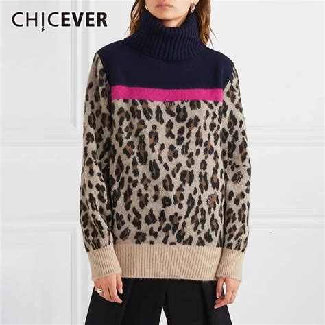 Chicever хит цвет Леопардовый свитера для женщин водолазка длинный рукав вязанные
