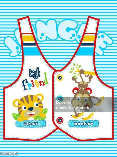 나뭇잎에 숨어 있는 아기 호랑이의 벡터 만화 원숭이는 바나나를 들고 나뭇가지에 매달려 있다 아동복무늬 0명에 대한 스톡 벡터 아트 및 기타 이미지 Istock