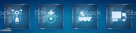 스쿠터 잠수함 유조선 선박 및 배달 화물 트럭을 설정합니다 정사각형 유리 패널 벡터 교통수단에 대한 스톡 벡터 아트 및 기타 이미지 교통수단 군사 기체 물리 구조