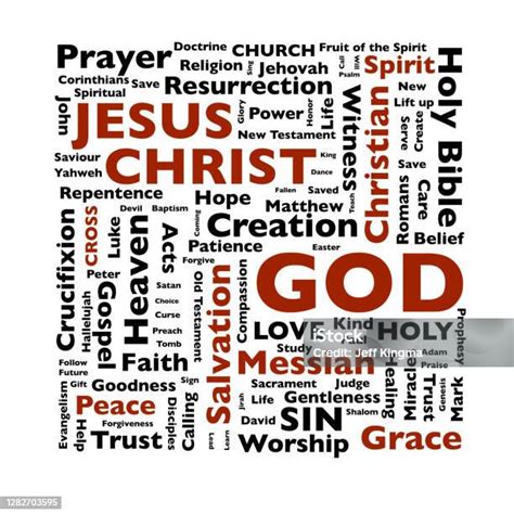 그리스도와 영원한 구원 개념에 예수 믿는 신앙의 구름에 있는 기독교 말씀 콜라주 기독교에 대한 스톡 벡터 아트 및 기타 이미지