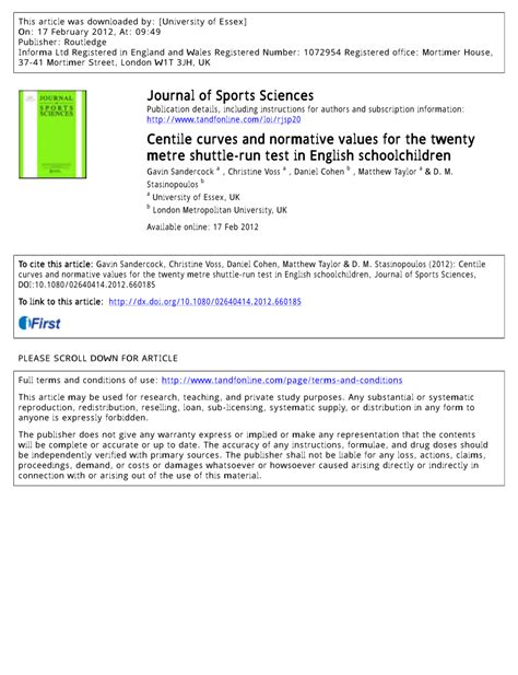 Pdf Centile Curves And Normative Values For The Twenty Metre Shuttle