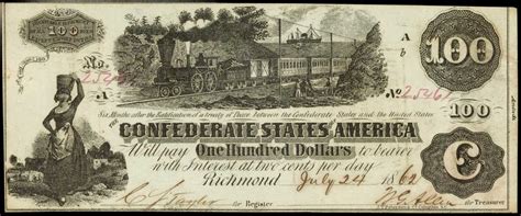 Confederate Paper Money 1862 100 Dollar Csa Locomotive Note Richmond T
