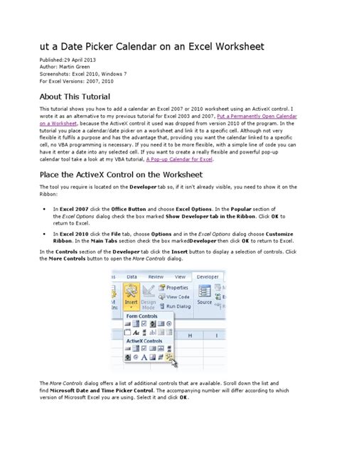 Put A Date Picker Calendar On An Excel Worksheet Pdf Button Computing Microsoft Excel