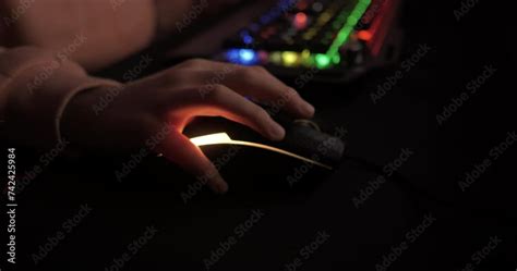 Rgb Mouse Close Up Hand Of Gamer Girl Moving Mouse While Playing Pc Game Person Plays