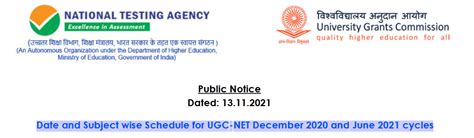 date and subject wise schedule for nta ugc net december 2020 and june