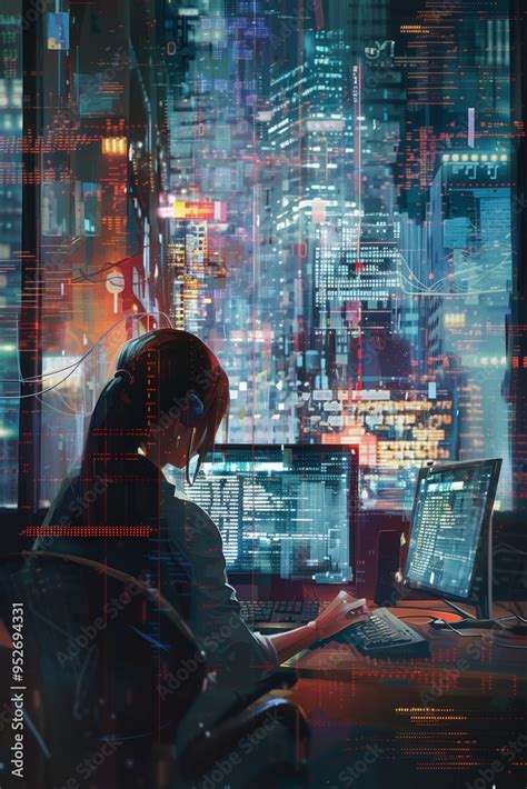 Female Programmer Coder Working On Laptop With Floating Glowing Computer Code Creating A