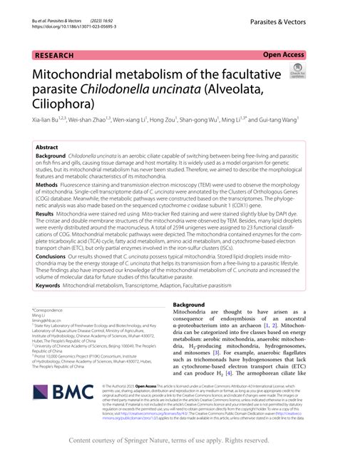 Pdf Mitochondrial Metabolism Of The Facultative Parasite Chilodonella