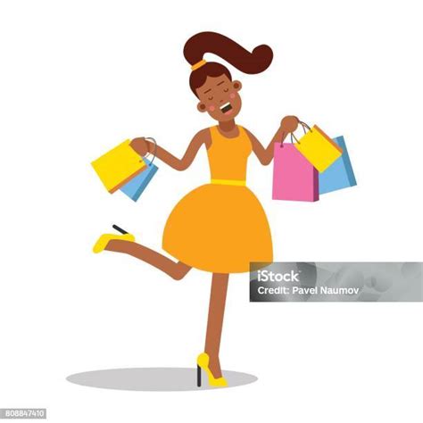 노란 드레스 서 쇼핑백 만화 문자 벡터 일러스트 레이 션과 젊은 행복 한 웃는 여자 귀여운에 대한 스톡 벡터 아트 및 기타 이미지 귀여운 만화 미소 Istock