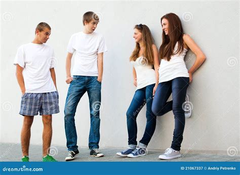 Group Of Guys And Girls In Street Stock Image Image Of Style