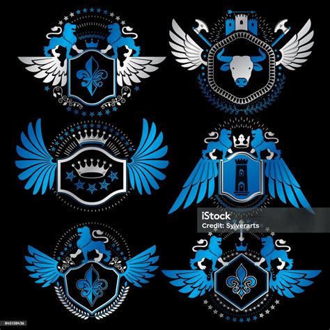 벡터 고급 문장 학 팔의 외 투입니다 컬렉션의 Blazons 빈티지 디자인 양식에 일치 시키는 그래픽 요소 로얄 크라운 및 플래그 별 타워를 사용 하 여 만든 병기 종교