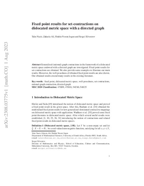 Pdf Fixed Point Results For Set Contractions On Dislocated Metric Space With A Directed Graph