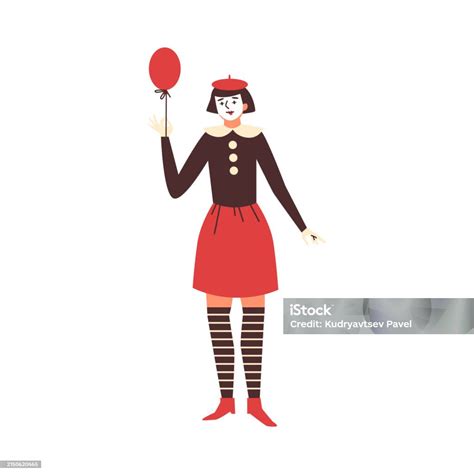 빨간 풍선을 들고 마임 극장 여성 예술가 흰 얼굴 메이크업 프랑스 코미디 무언극을 가진 벡터 만화 여배우 마임에 대한 스톡 벡터