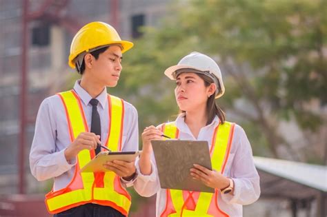 Premium Photo Male And Female Engineer Standing Talking About Construction Project Background