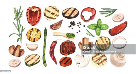 수채화 그릴 야채 바베큐 후추 토마토 호박 버섯 로즈마리 옥수수 바베큐 요리용 손으로 그린 그림은 흰색 배경에 분리되어 있습니다 메뉴 카페 레스토랑에 딱 맞습니다 가지