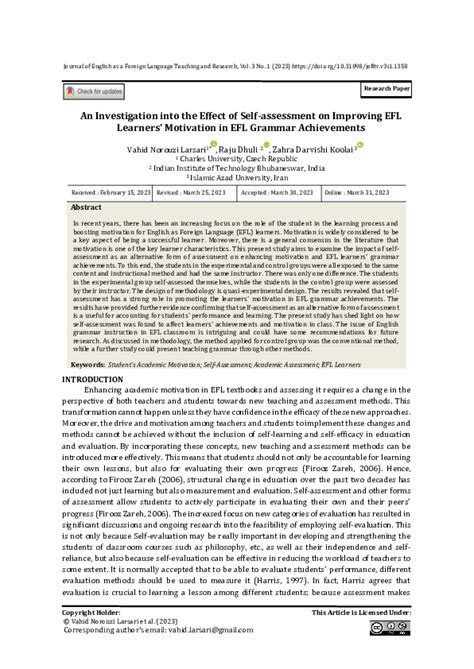 Pdf An Investigation Into The Effect Of Self Assessment On Improving Efl Learners Motivation