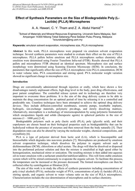 Pdf Effect Of Synthesis Parameters On Size Of The Biodegradable Poly L Lactide Plla