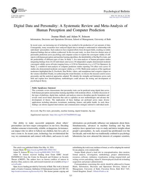 Pdf Digital Data And Personality A Systematic Review And Meta Analysis Of Human Perception