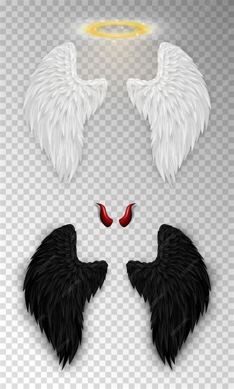 3d 현실적인 천사와 악마 축제 의상 후광과 데몬 뿔이 있는 흰색과 검은색 날개 프리미엄 벡터
