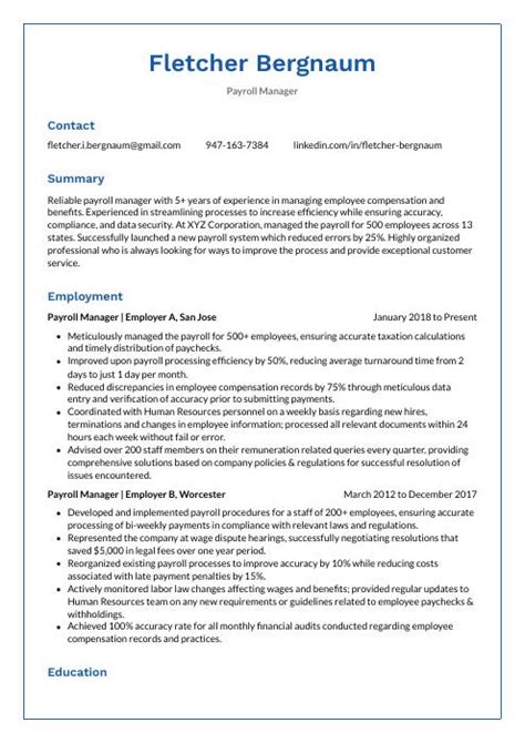 Payroll Manager Resume CV Example And Writing Guide