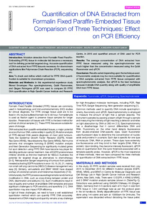 Pdf Quantification Of Dna Extracted From Formalin Fixed Paraffin Embeded Tissue Comparison Of