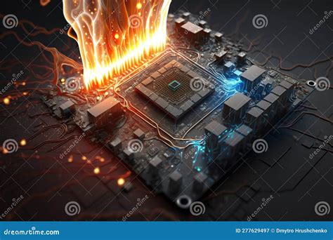 Burning Microchip In Macro Electronic Circuit Board Close Up Futuristic Circuit Concept