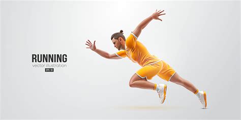 흰색 배경에 달리기 선수의 현실적인 실루엣 주자 남자는 스프린트 또는 마라톤을 달리고 있습니다 벡터 일러스트 레이 션 3차원 형태에 대한 스톡 벡터 아트 및 기타 이미지