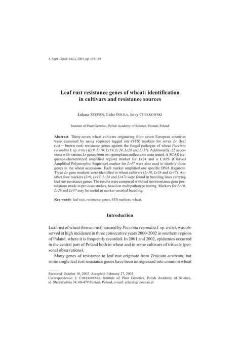 Pdf Leaf Rust Resistance Genes Of Wheat Identification In Cultivars And Resistance Sources
