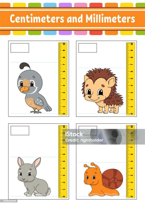 센티미터 및 밀리미터의 길이를 측정합니다 워크시트를 개발하는 교육 아이들을위한 게임 색상 활동 페이지입니다 아이들을위한 퍼즐 귀여운 캐릭터 벡터 그림입니다 만화 스타일 0