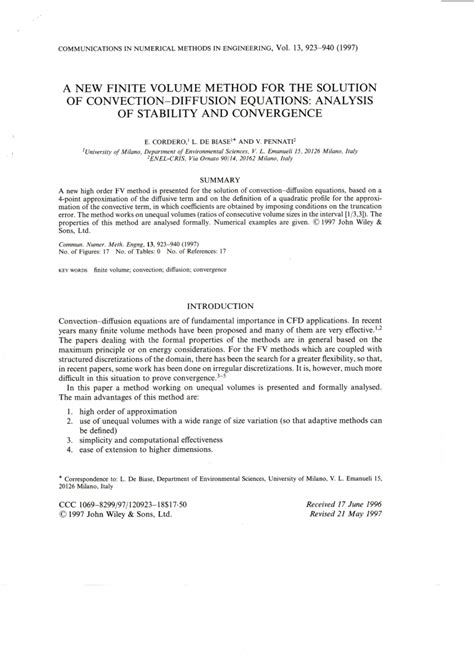 PDF A New Finite Volume Method For The Solution Of Convection Diffusion Equations Analysis Of