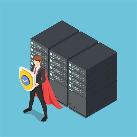 Premium Vector Flat 3d Isometric Super Businessman Holding Shield Protecting Data Center
