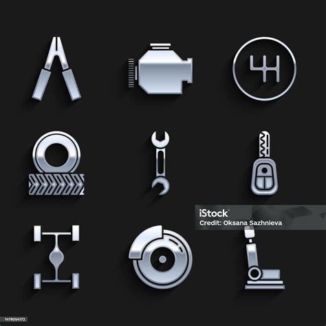 렌치 캘리퍼가 있는 자동차 브레이크 디스크 시트 키 리모컨 섀시 자동차 휠 기어 시프터 및 배터리 점퍼 전원 케이블 아이콘을