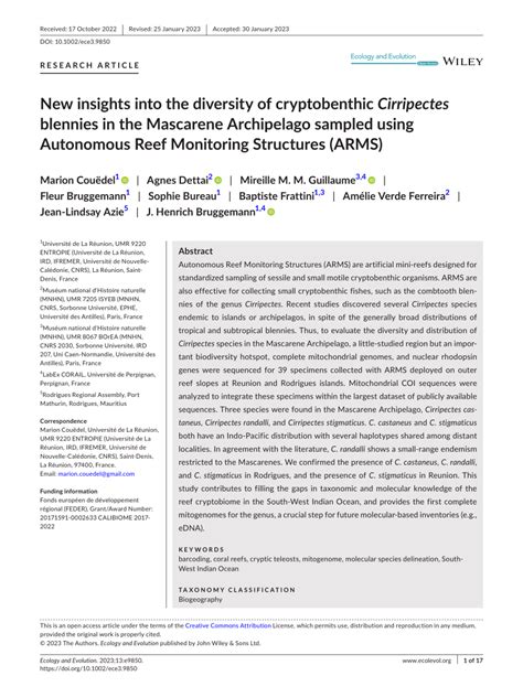 Pdf New Insights Into The Diversity Of Cryptobenthic Cirripectes Blennies In The Mascarene