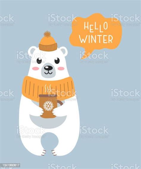 파란색 배경에 뜨거운 차 한 잔과 따뜻한 모자에 귀여운 흰색 북극곰 겨울에 대한 스톡 벡터 아트 및 기타 이미지 겨울 커피잔 Hello Winter Saying