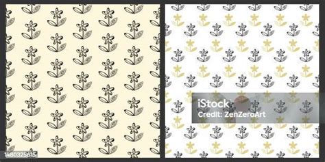 꽃 매끄러운 패턴 2 세트 낙서 스타일 손으로 그린 페인트 브러시 디자인 기하학적 그리드 템플릿 흑백 블랙 옐로우 크림 색상