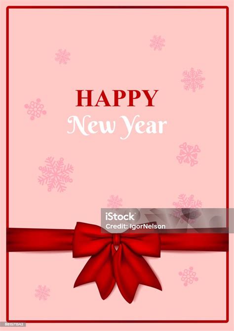 새 해 복 많이 받으세요 눈송이와 분홍색 배경에 빨간 활 빈 인사말 카드 초대장 엽서 전단 이나 팜플렛 템플릿입니다 벡터 일러스트입니다 12월에 대한 스톡 벡터 아트 및