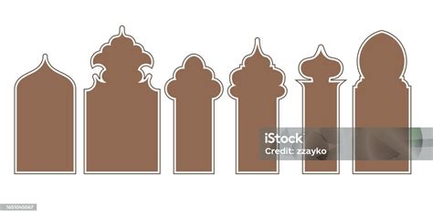 아라비아 동양의 창문 아치 및 문 모음 프레임 패턴 배경에 대한 현대적인 디자인 모스크 돔과 등불 이슬람 라마단 카림과 이드 무바라크 스타일 벡터 그림 0명에 대한 스톡