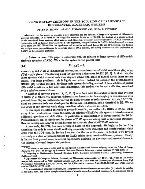 Pdf Using Krylov Methods In The Solution Of Large Scale Differential Algebraic Systems