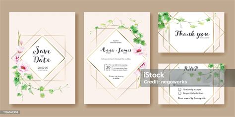 웨딩 초대장 날짜 감사 합니다 답장 카드 디자인 서식 파일을 저장 합니다 벡터입니다 푸른 담 쟁이 꽃 핑크 Lisianthus 결혼 의식에 대한 스톡 벡터 아트 및 기타