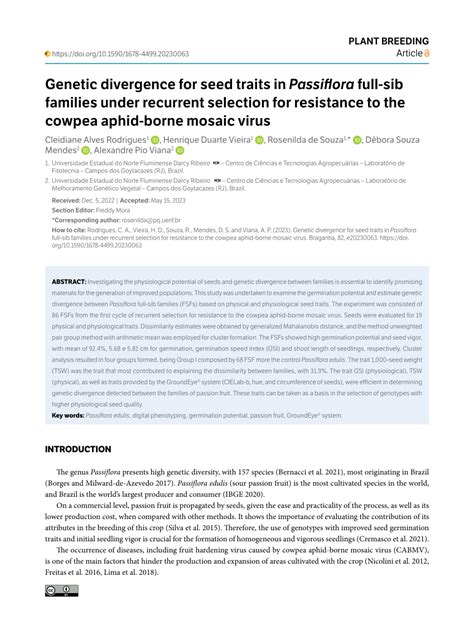 Pdf Genetic Divergence For Seed Traits In Passiflora Full Sib