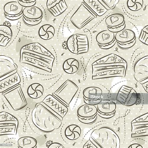 컵 케이크 아이스크림 머핀 크루아상 케이크와 그런 지 배경에 쿠키와 베이지색 완벽 한 패턴입니다 직물과 종이 또는 스크랩 예약