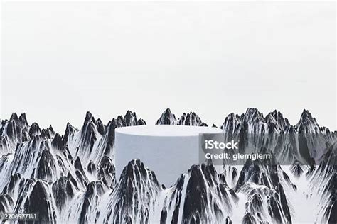 3d 렌더링 겨울 플랫폼 및 자연스러운 모형 배경 제품 스탠드 디스플레이 광고 화장품 스킨 케어 등을위한 얼음 눈 산 봉우리에 눈 연단 0명에 대한 스톡 사진 및 기타