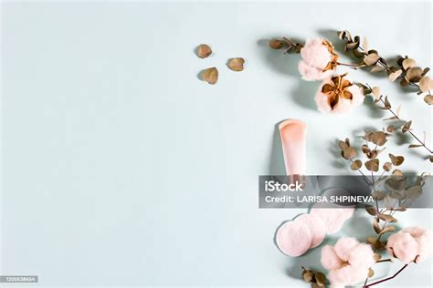 화장품 Spa 메이크업 제품 밝은 파란색 배경에 크림 항아리 유칼립투스 잎 면 패드와 면화 꽃 0명에 대한 스톡 사진 및 기타 이미지 Istock