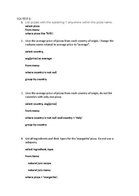Sql Test Practice Test Questions Sql Test List Pizzas With The