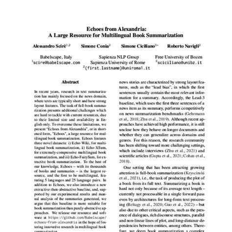 Echoes From Alexandria A Large Resource For Multilingual Book Summarization Acl Anthology